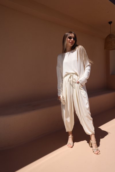 Bel Bağlamalı Saten Şalvar Pantolon | Özge Özgenç